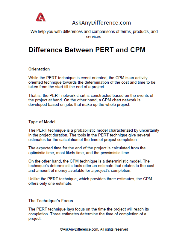 Difference Between PERT and CPM
